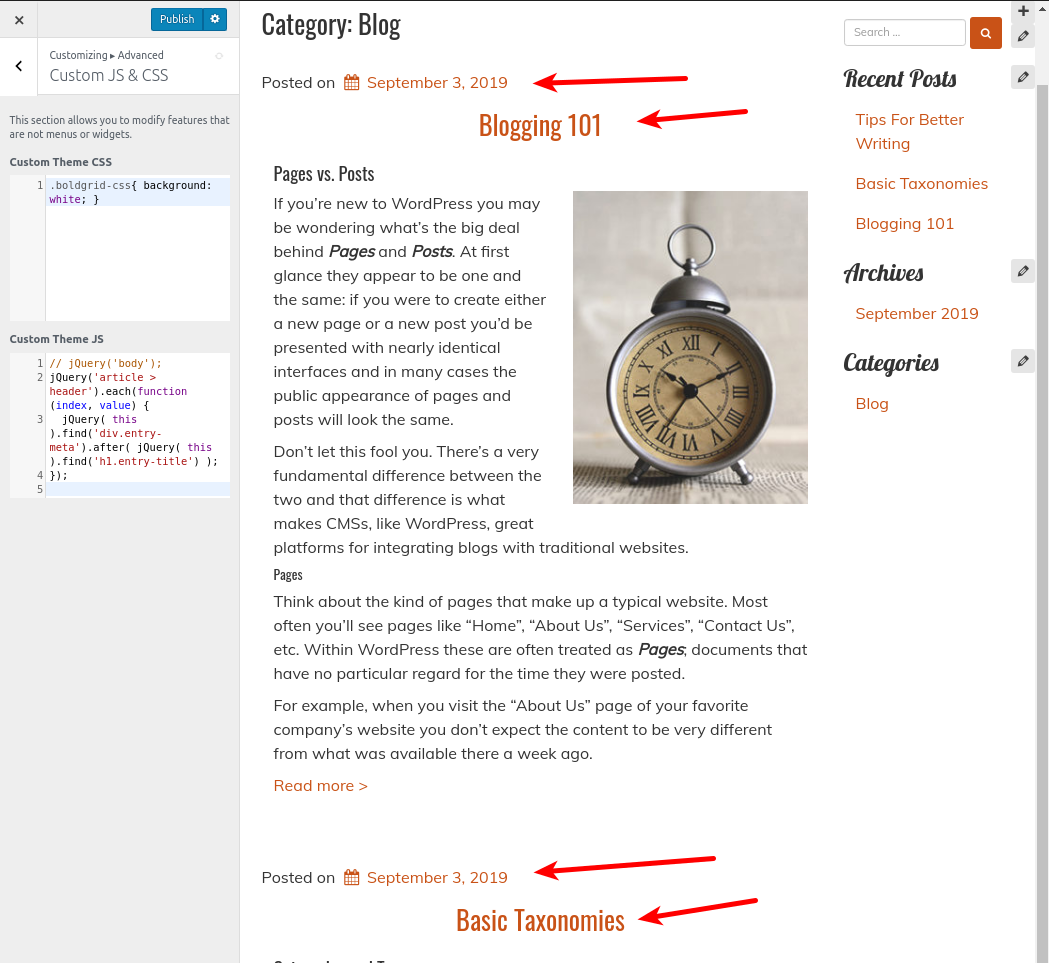 Design of multi-post blog page, titles and links | BoldGrid